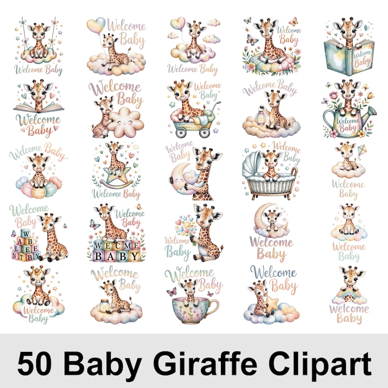 Watercolor Baby Giraffe Clipart Bundle for Nursery Wall Art, Cute ...