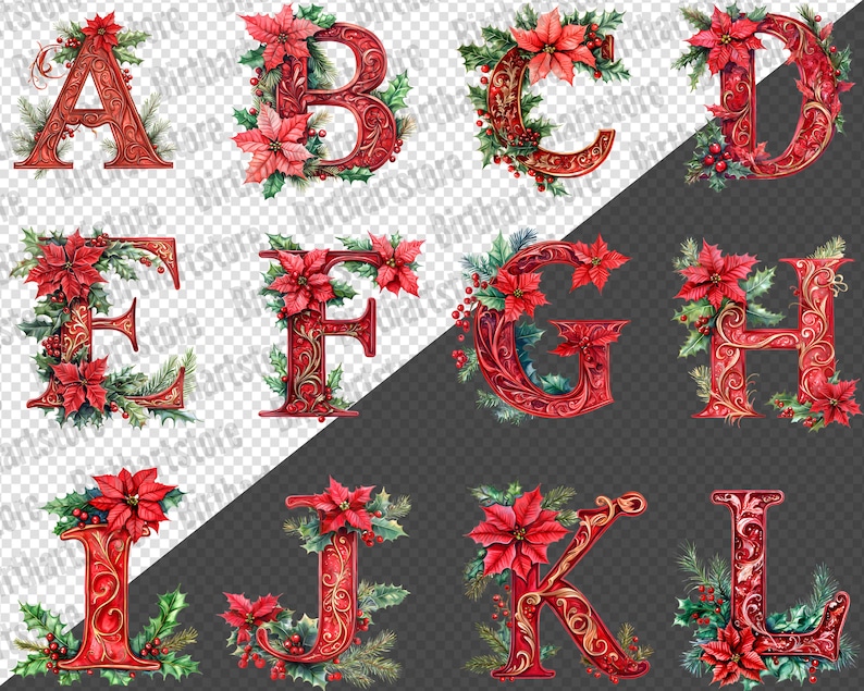 Christmas Alphabet Clipart, Festive Winter Holiday Alphabet Sublimation ...