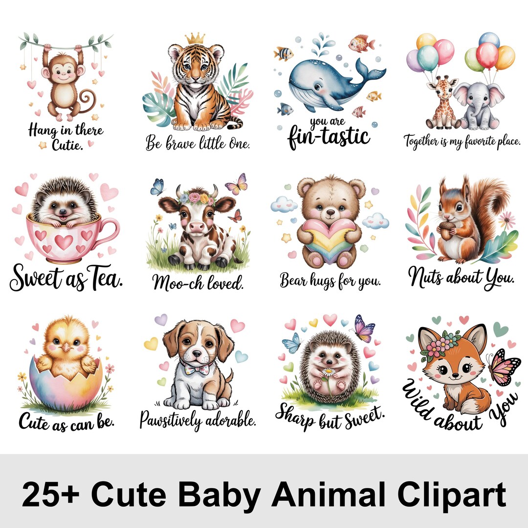 Cute Baby Animal Clipart Bundle, 25+ Watercolor Baby Animals PNG ...