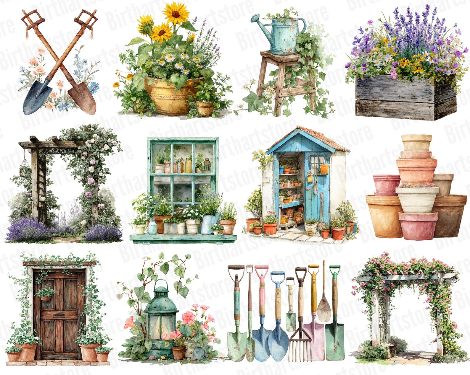 Gardening Clipart | Watercolor Garden Tools & Flowers | 100 Pngs ...