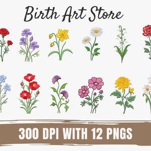 Birth Month Flower Embroidery Style Clipart, Birth Flower Embroidery ...