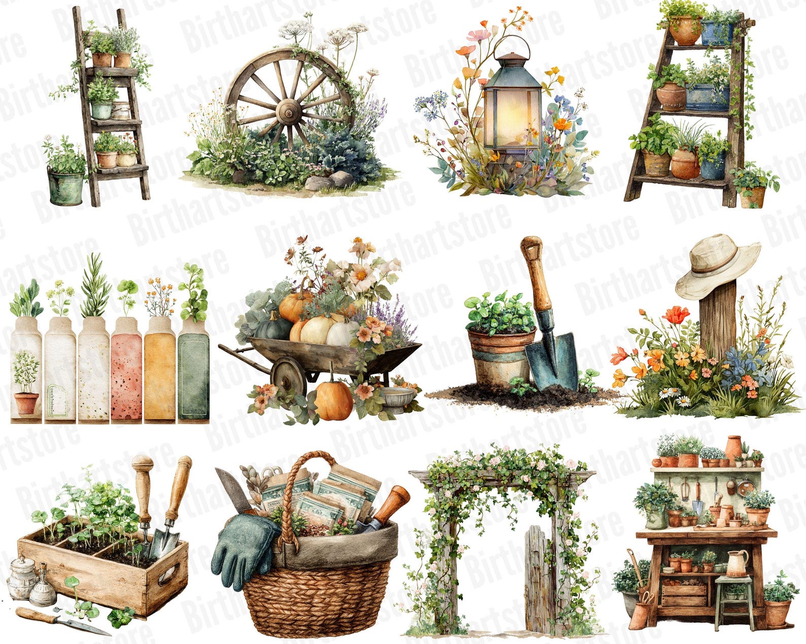 Gardening Clipart | Watercolor Garden Tools & Flowers | 100 Pngs ...