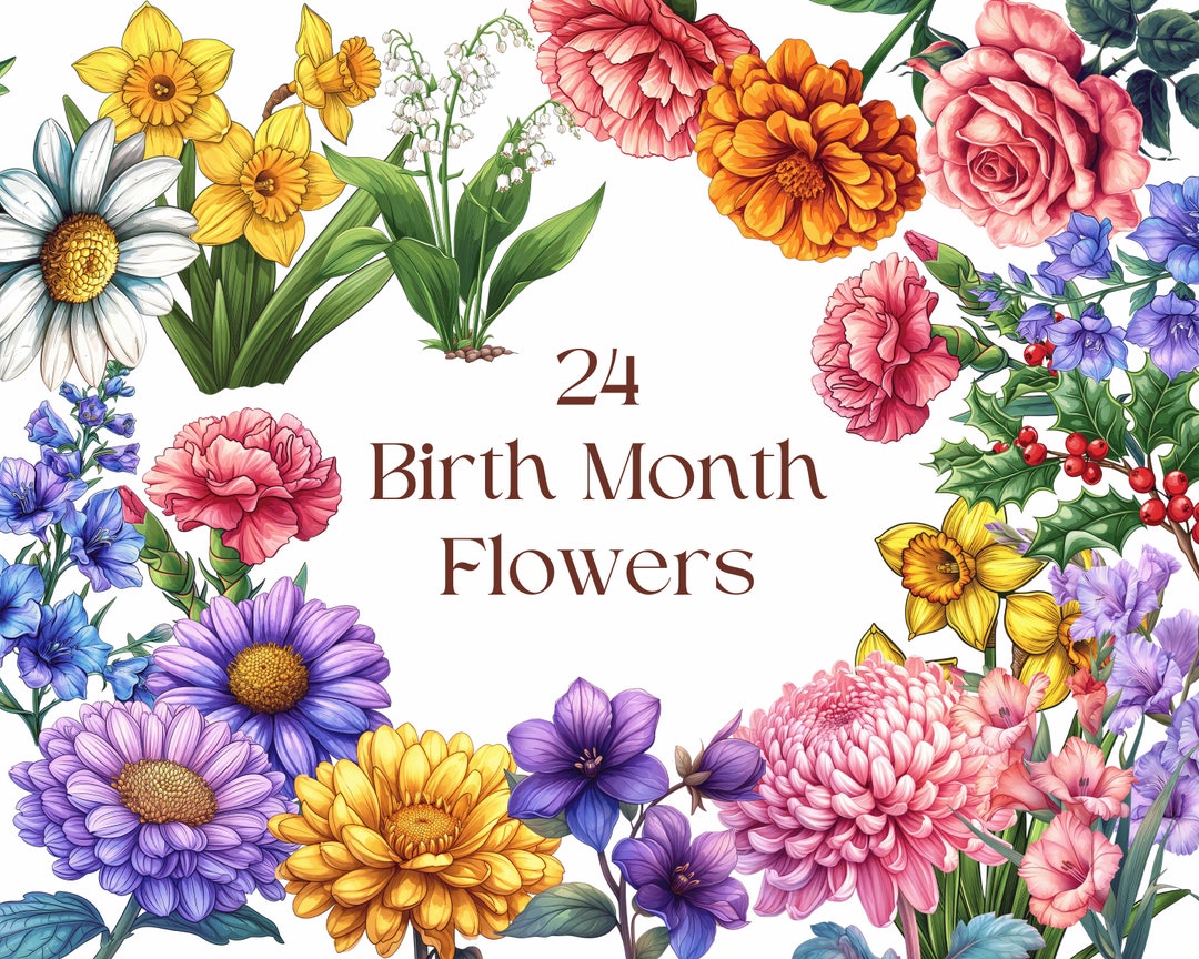 Birth Month Flower Clipart, Birth Flower PNG, Antique Floral PNG ...