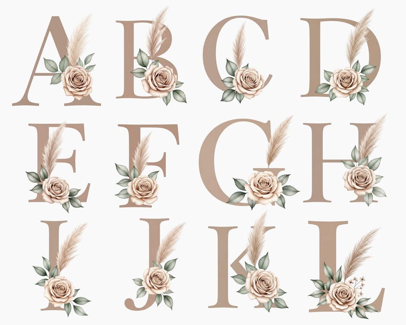 Boho Alphabet Clipart PNG, Floral Letters and Numbers, Printable ...