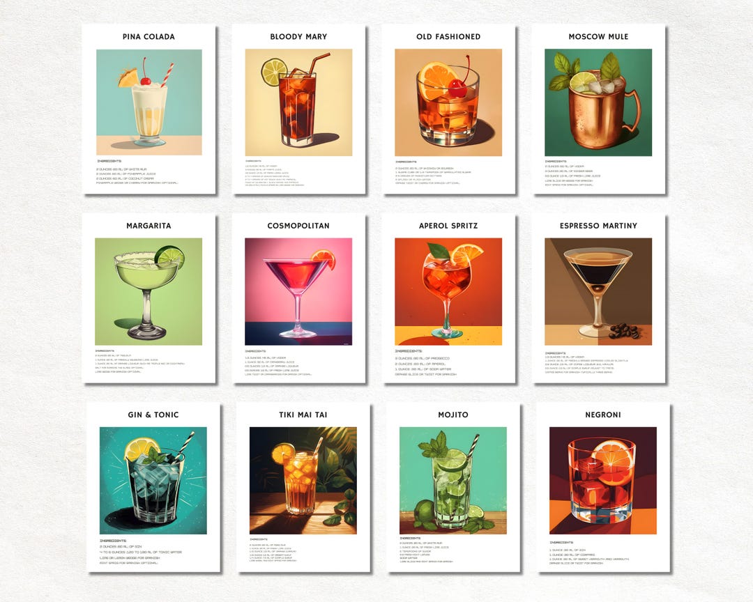 Set of 12 Cocktail Prints, Vintage Cocktail Print, Home Bar Wall Decor ...