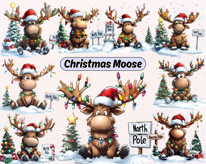 Adorable Christmas Moose Clipart PNG - 15 Cute Moose With Santa Hat ...