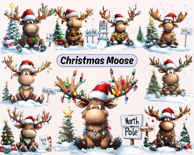 Christmas Moose Clipart, Moose Wearing Santa Hat, Holiday Moose Clipart ...