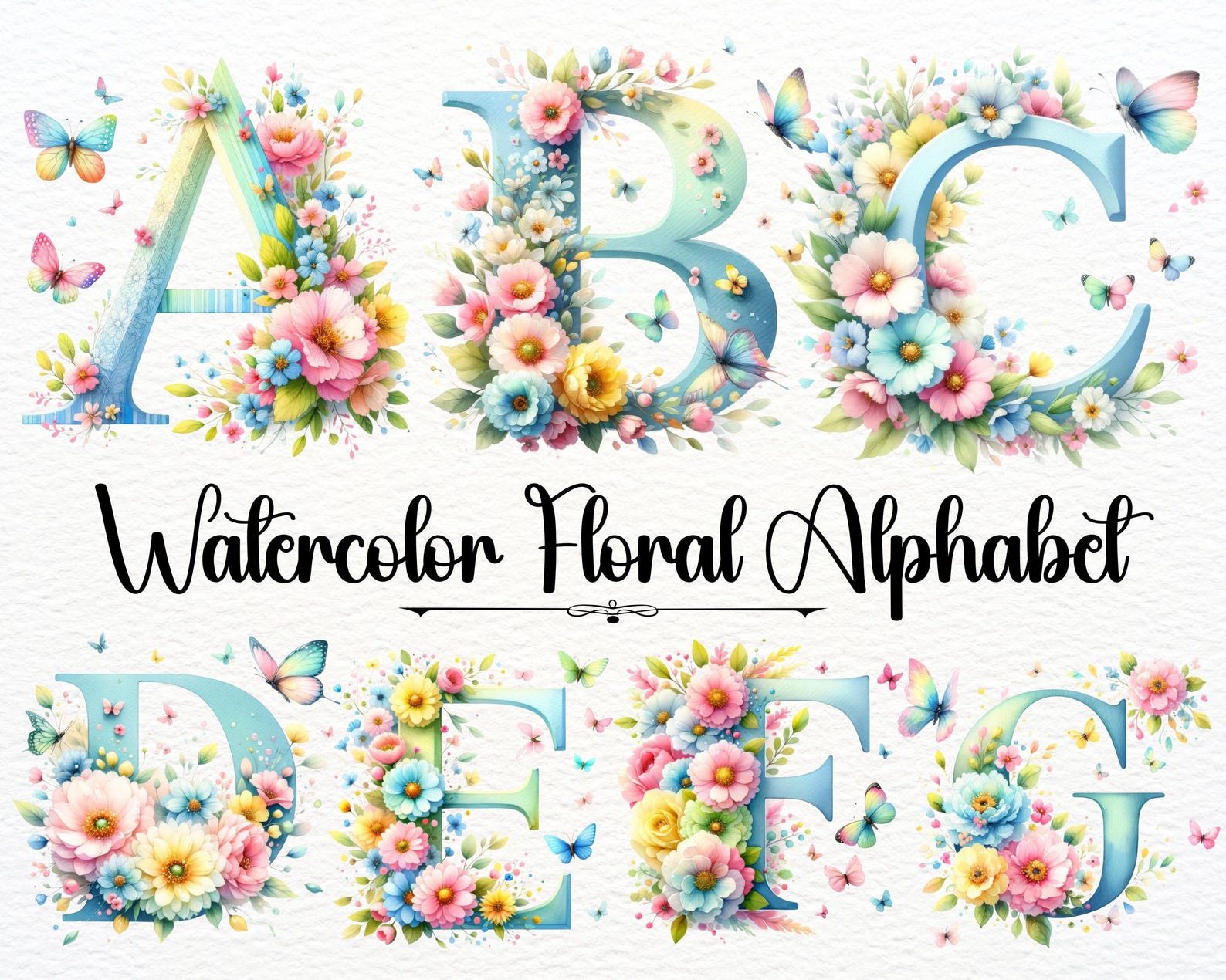 Watercolor Floral Alphabet PNG Bundle, Boho Monogram Letters, Wedding ...