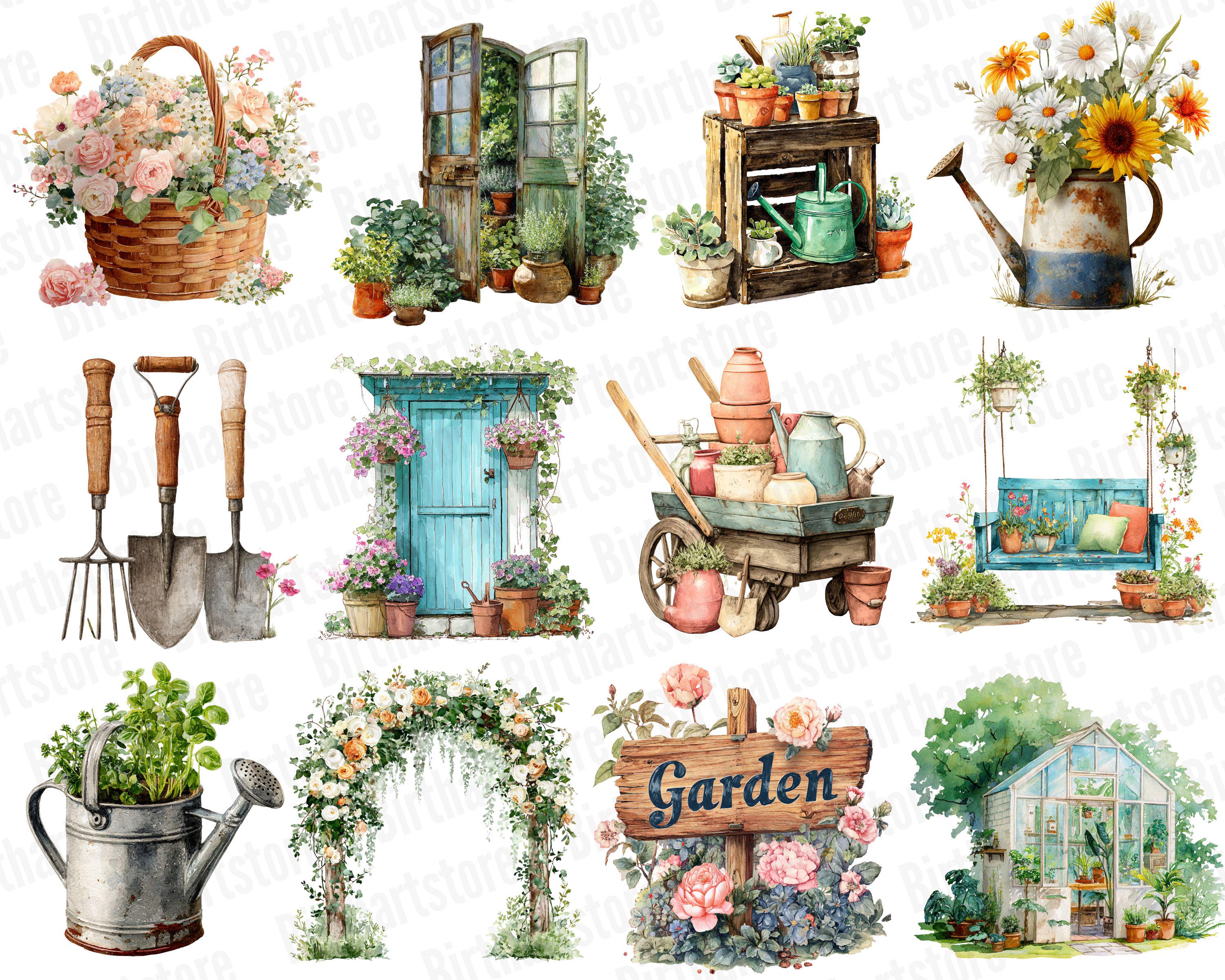 Gardening Clipart | Watercolor Garden Tools & Flowers | 100 Pngs ...