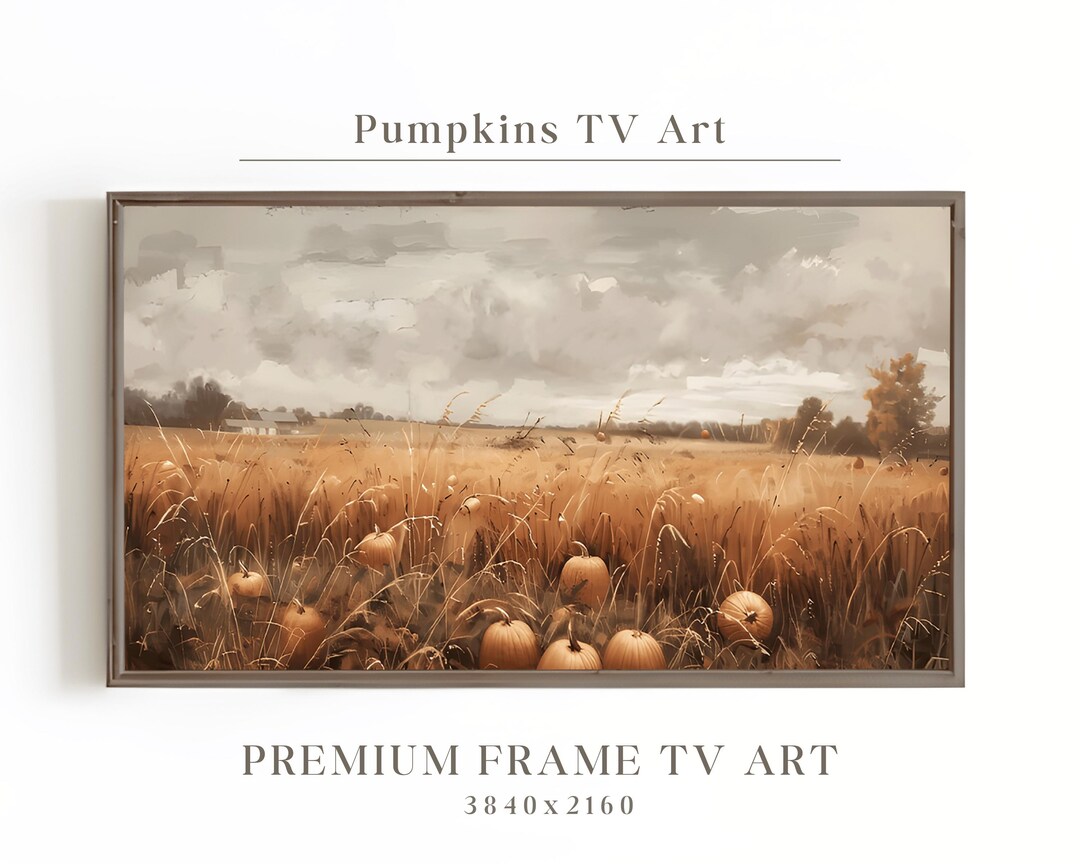 Pumpkin Painting for TV Frame, Fall Field Landscape, Rustic Cottagecore ...