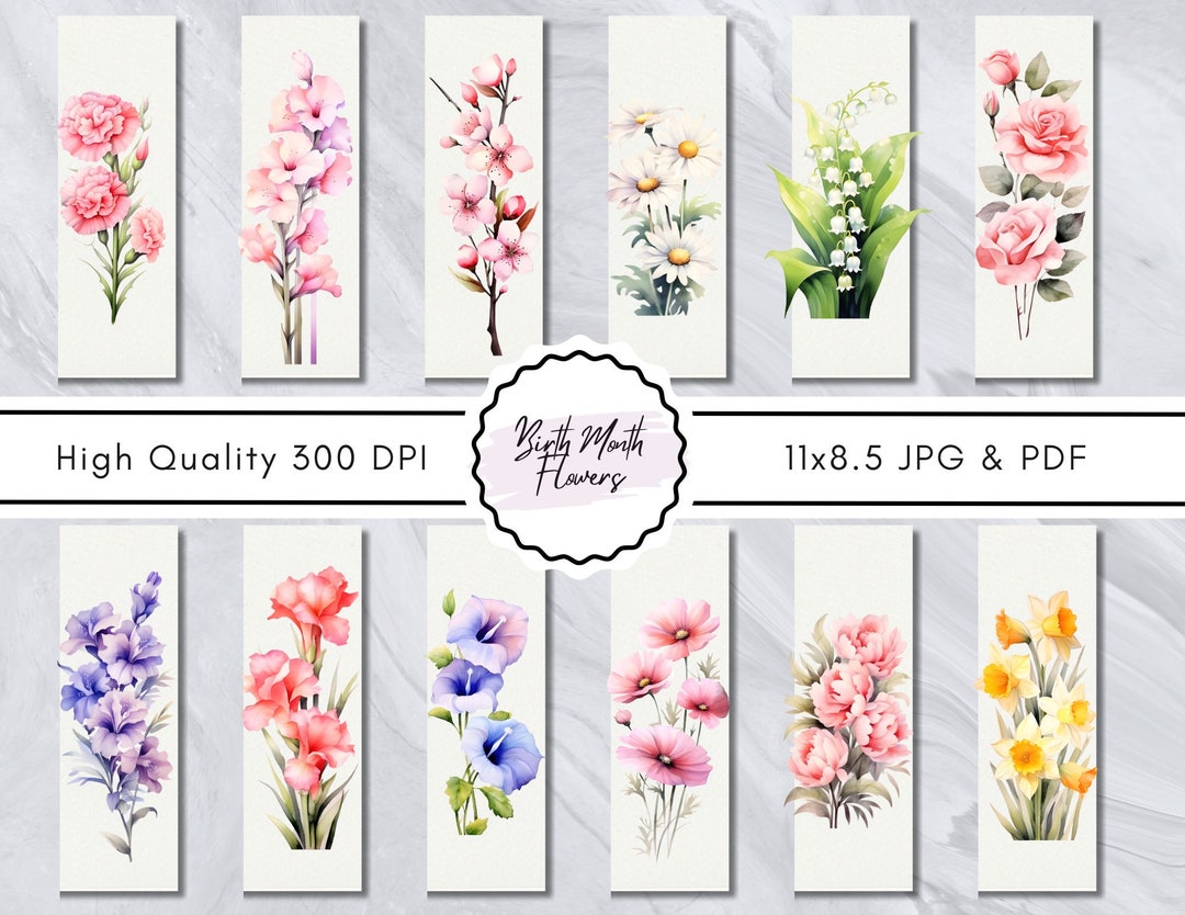 Printable Birth Month Flower Bookmarks, Watercolor Floral Bookmark Set ...