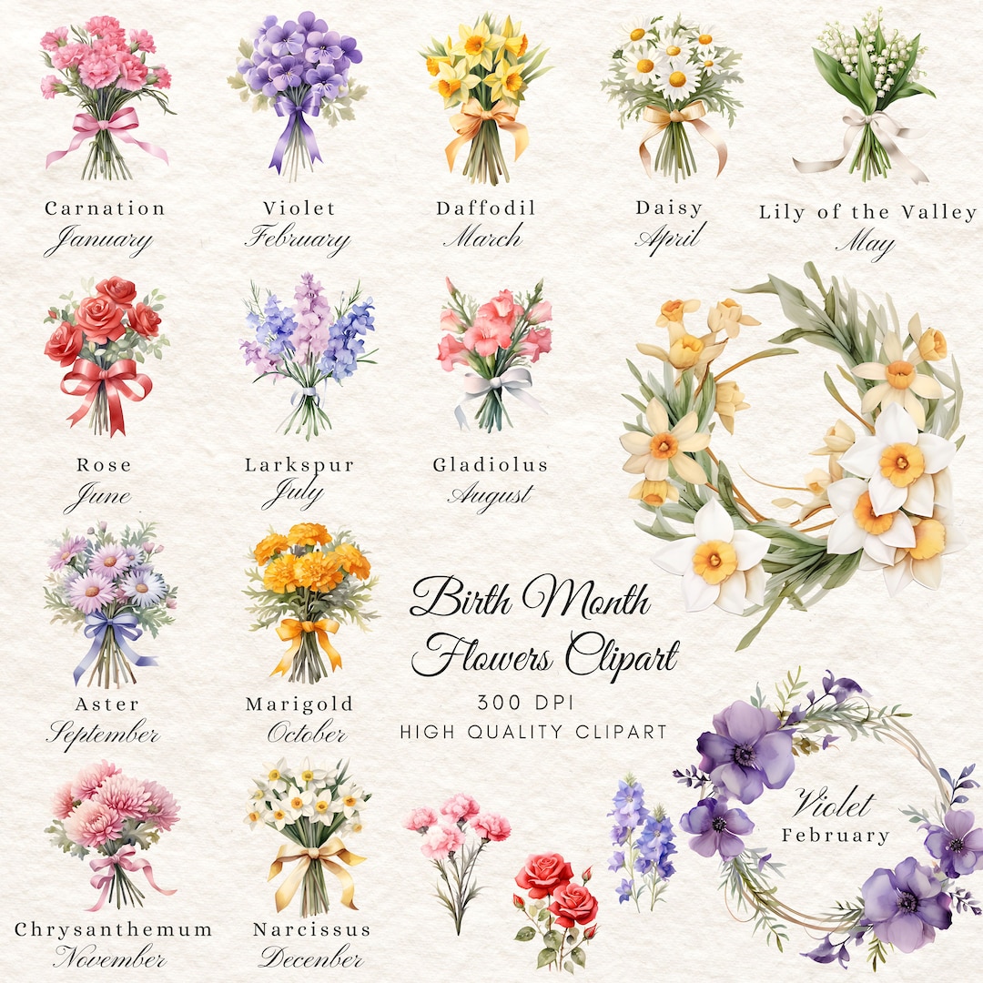 Birth Month Flower Clipart, Personalized Birth Flower Bouquet Graphics ...