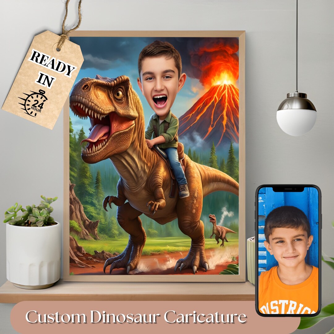 Custom Dinosaur Custom Cartoon Caricature, Personalized Child Riding ...