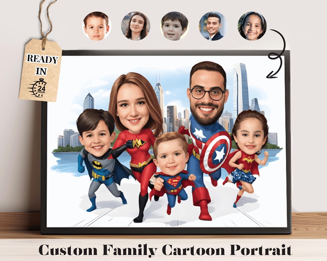 Custom Family Portrait Cartoon, Personalized Superhero Family Cartoon ...