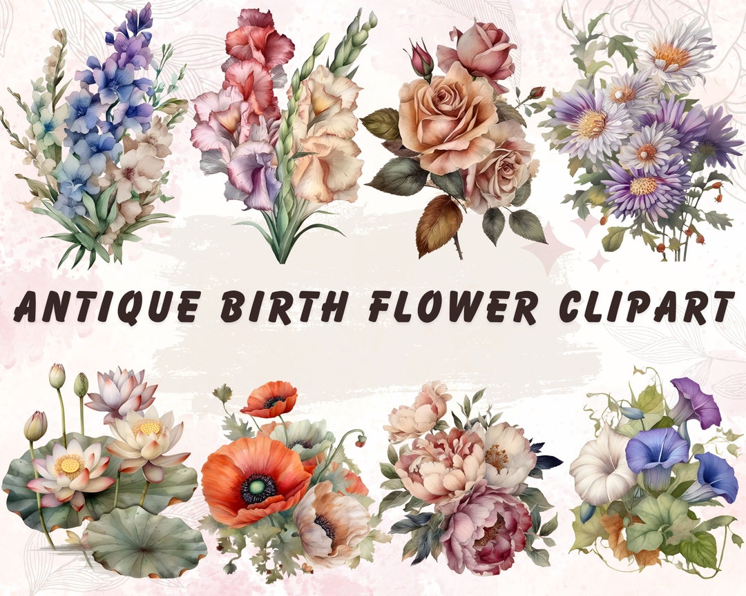 Birth Flowers Clipart, Birth Flower PNG, Antique Floral PNG, Birth ...