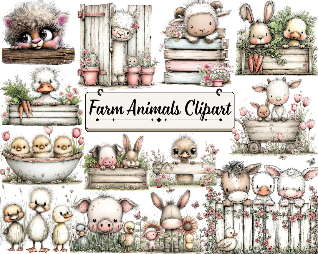 Cute Farm Animals Clipart Bundle | 30 Watercolor Rustic Animal Pngs ...