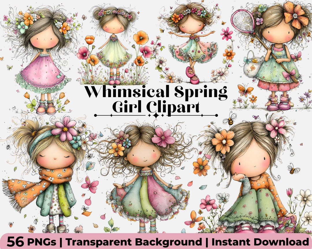 55 Whimsical Girl Clipart PNG Bundle | Spring Digital Art, Cute Girl ...