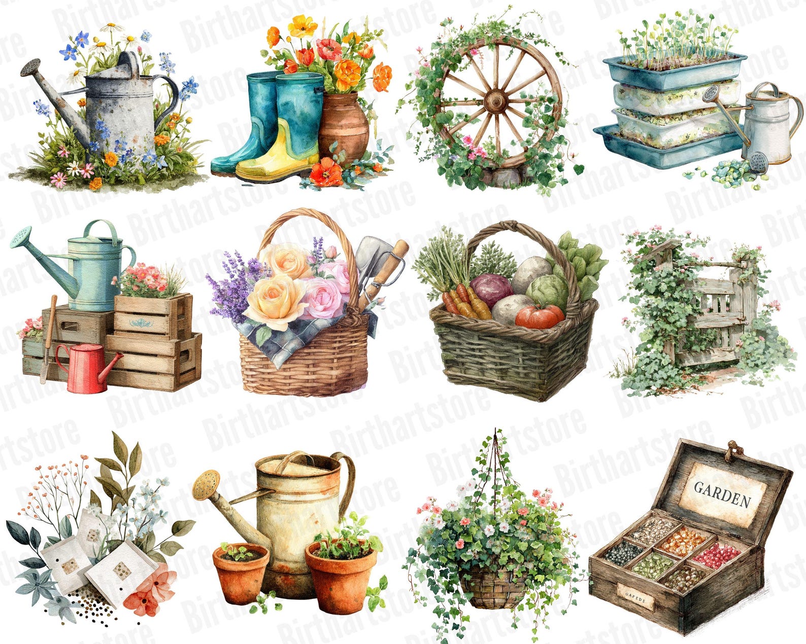 Gardening Clipart | Watercolor Garden Tools & Flowers | 100 Pngs ...