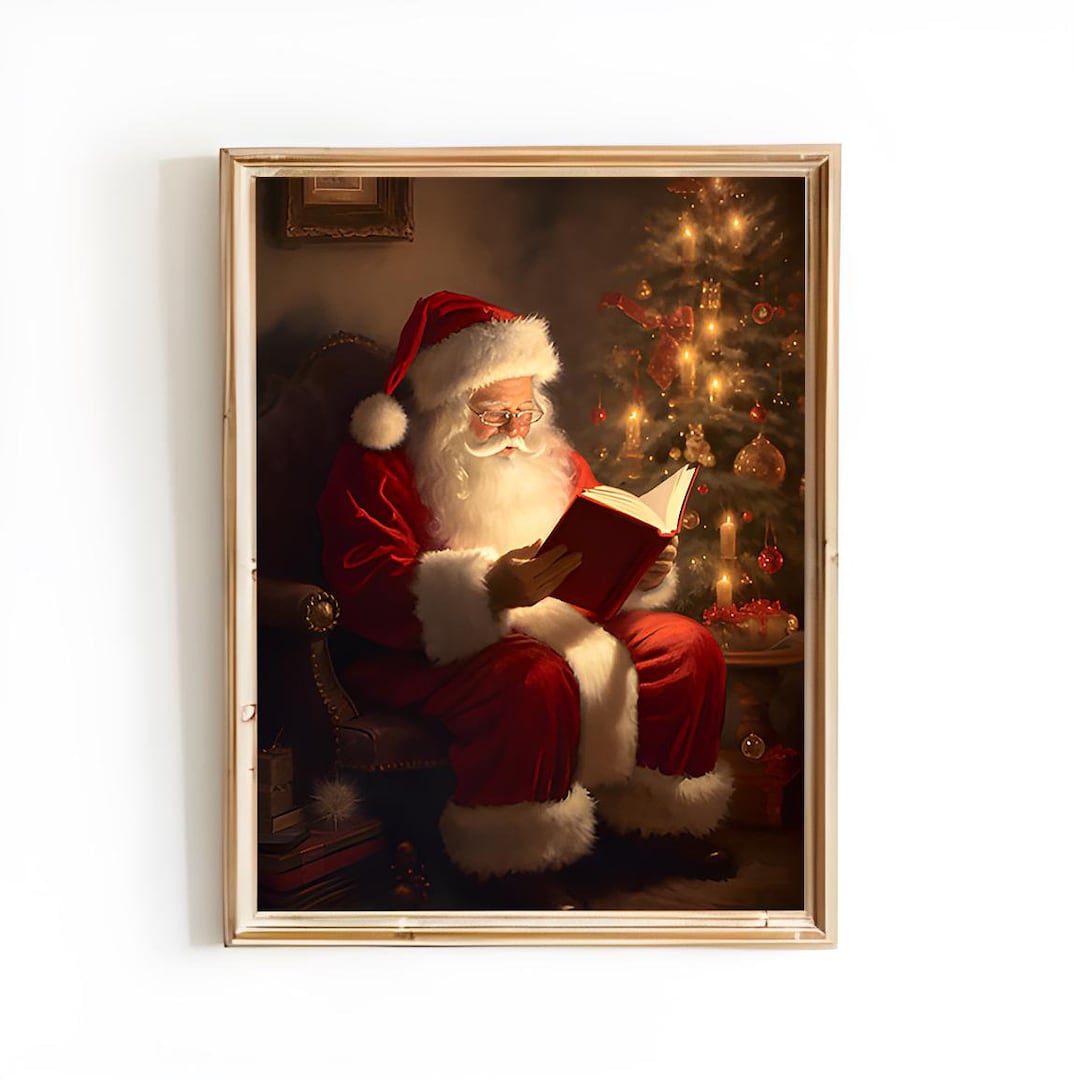 Santa Reading A Book Print, Retro Christmas Printable Art, Holiday ...