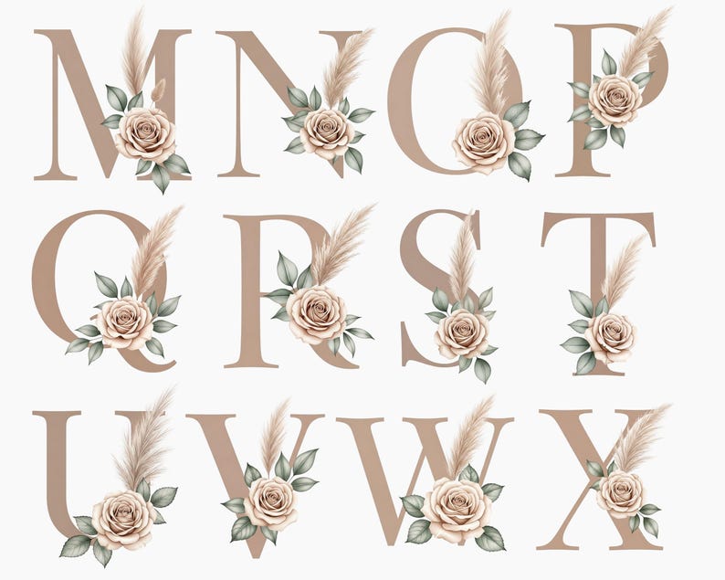Boho Alphabet Clipart PNG, Floral Letters and Numbers, Printable ...