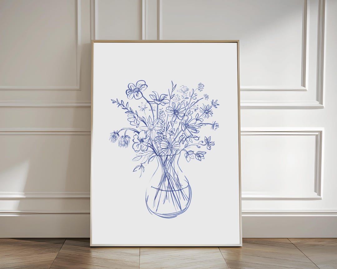 Elegant Blue Floral Printable, Fine Line Botanical Art, Minimalist Vase ...