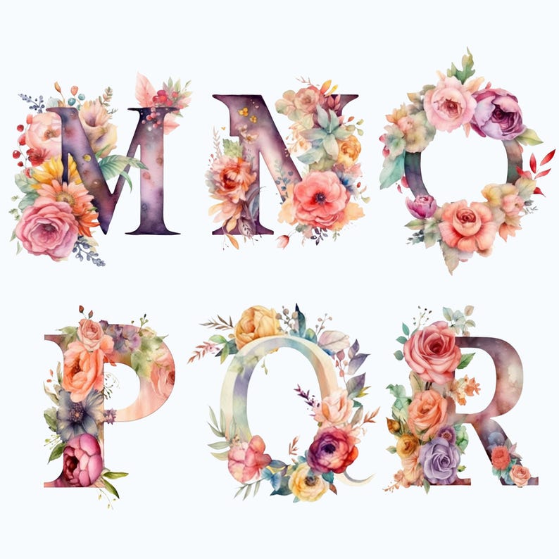Watercolor Floral Alphabet Clipart Bundle, Boho Pastel Letter PNG Set ...