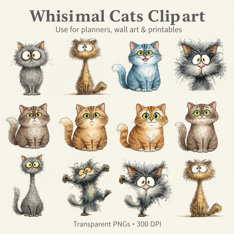 Cute Cat Clipart Bundle, 30 Funny Cat PNG Characters, Quirky Cartoon ...