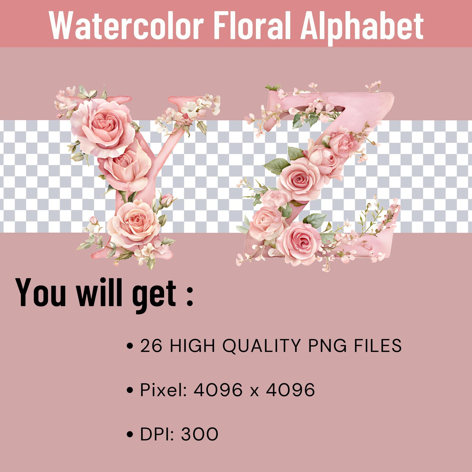 Floral Alphabet Clipart, Pink Alphabet Clipart, Watercolor Floral ...