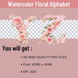 Floral Alphabet Clipart, Pink Alphabet Clipart, Watercolor Floral ...