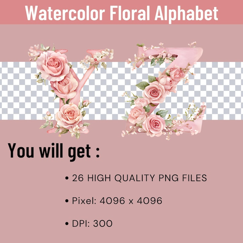 Floral Alphabet Clipart, Pink Alphabet Clipart, Watercolor Floral ...