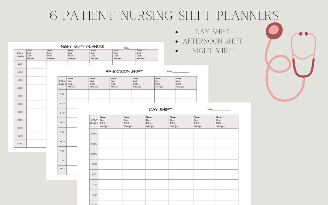 Nurse Digital Planner 6 Patient Day, Afternoon and Night Shift Hourly ...