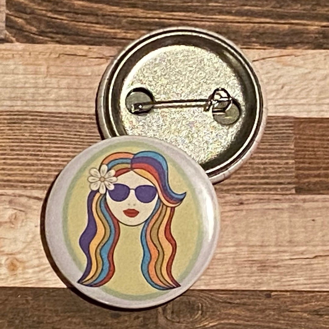 Hippie Girl Muted Colors for a Retro Groovy Vibe Pin Back Button/badges ...