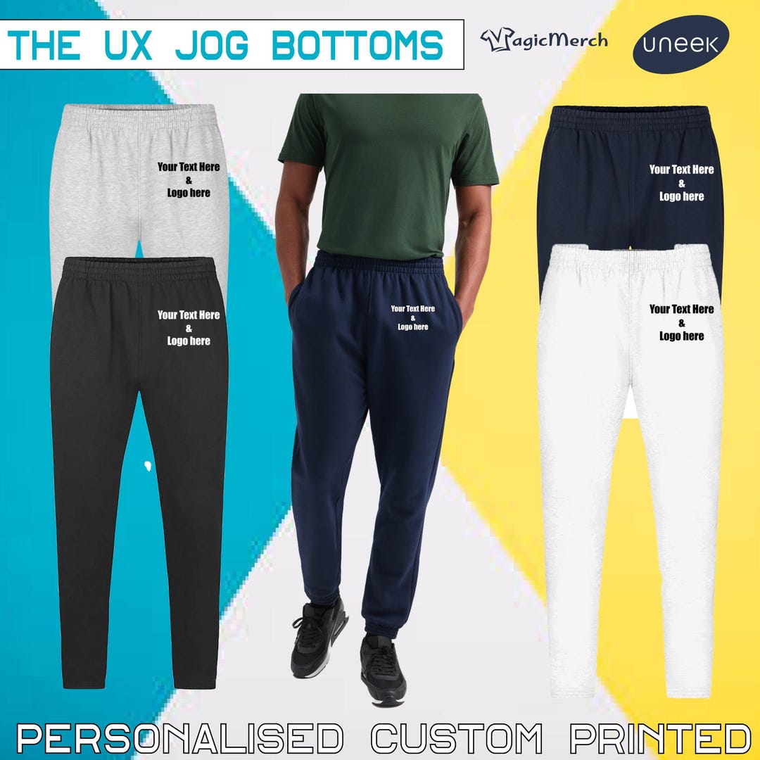 Custom Printed Uneek the UX Jog Bottoms Personalised Text Logo Workwear ...