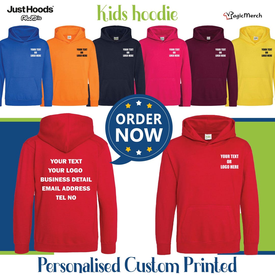 Personalised Custom Printed Just Hoods Awdis Kids Hoodie Your Text ...