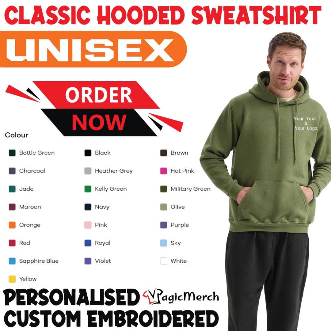Personalised Custom Embroidered Classic Hooded Sweatshirt Your Text ...