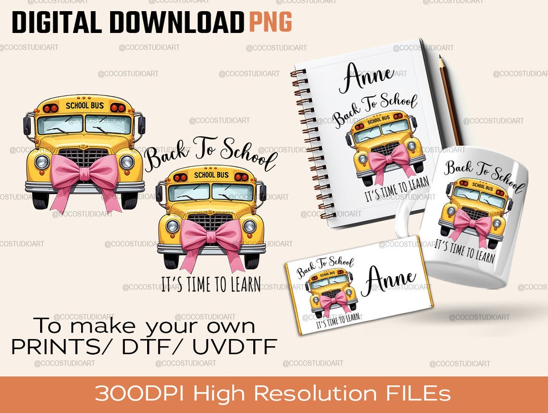 Back to School Pink Bow School Bus Illustration PNG Files for Halloween ...