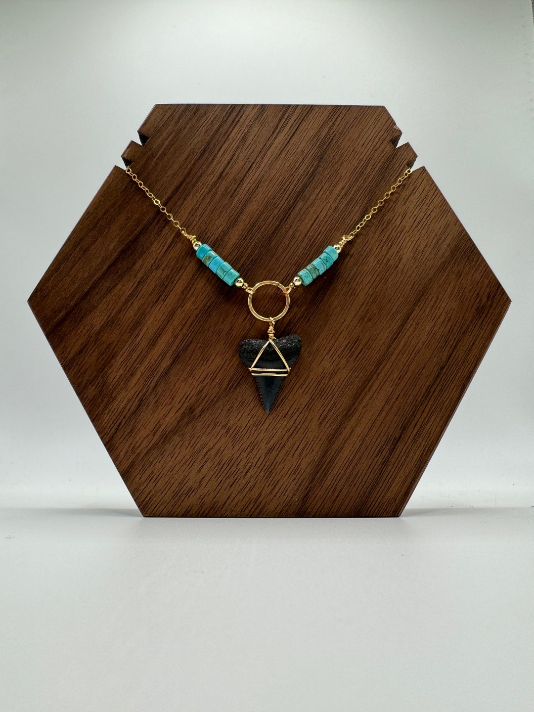Great White Shark Tooth Necklace. 14k Gold Filled Chain and Turquoise ...