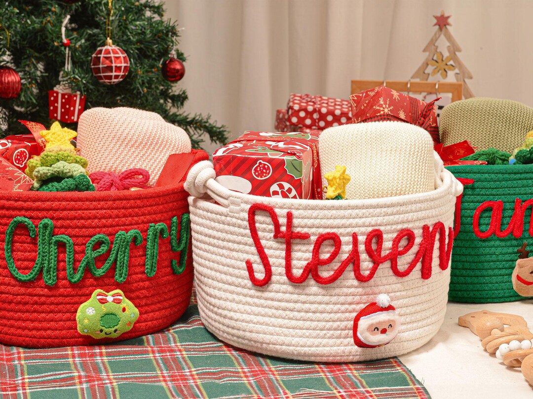 Personalized Christmas Gift Basket, Kids Christmas Eve Basket, Cotton Rope Christmas Basket ...
