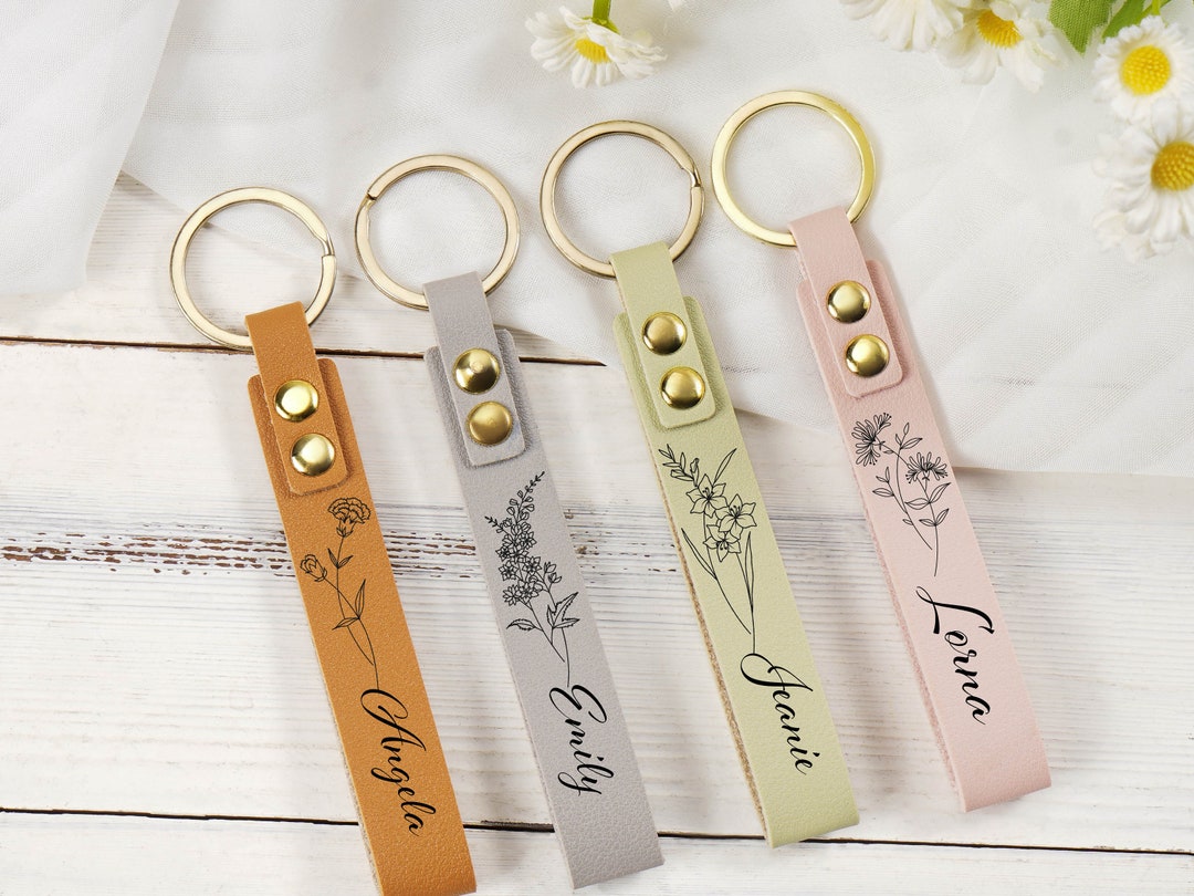 Personalized Name Keychain With Birth Flower,custom Leather Keychain ...