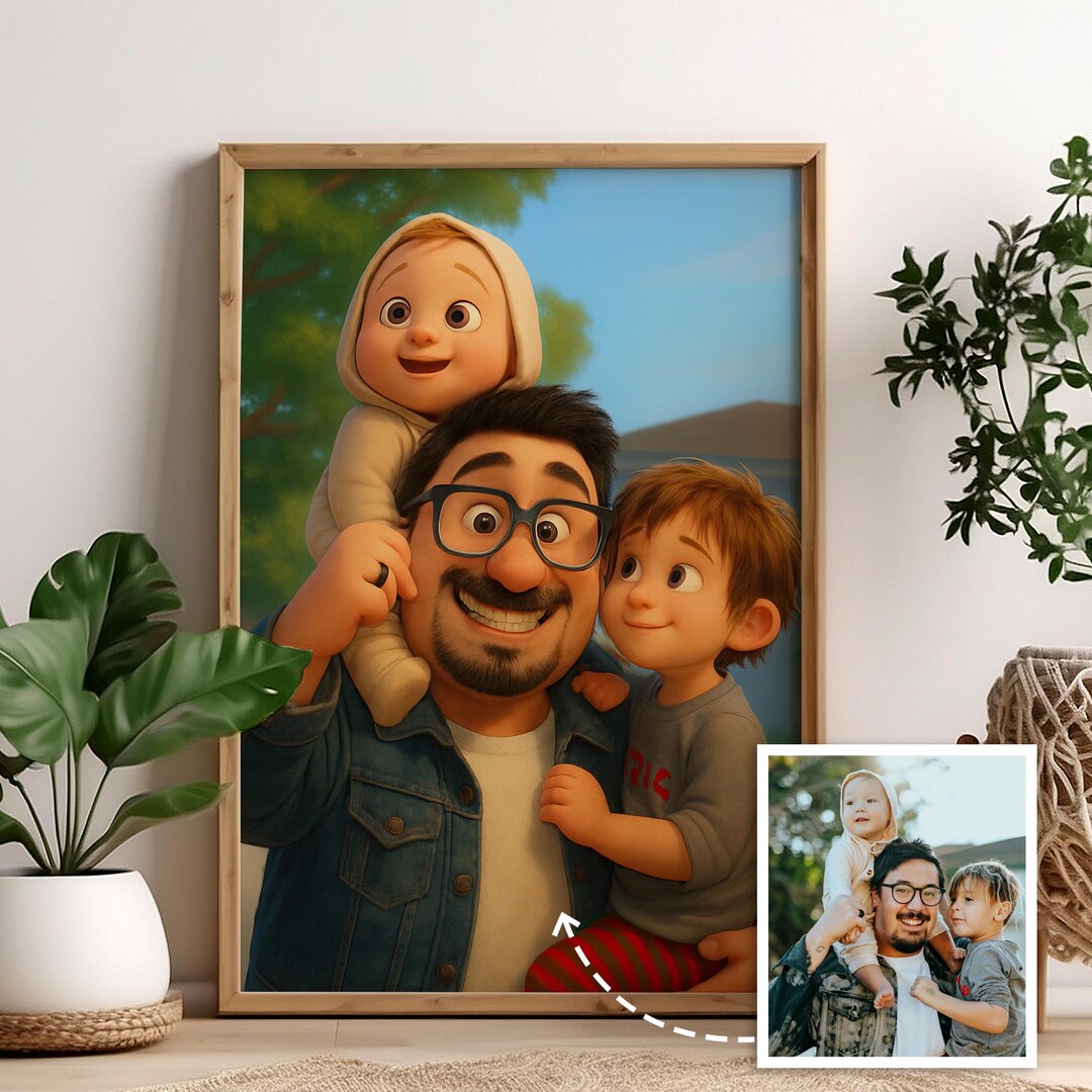 Custom Pixar-style Cartoon Portrait, Father Kids Poster, Animated ...