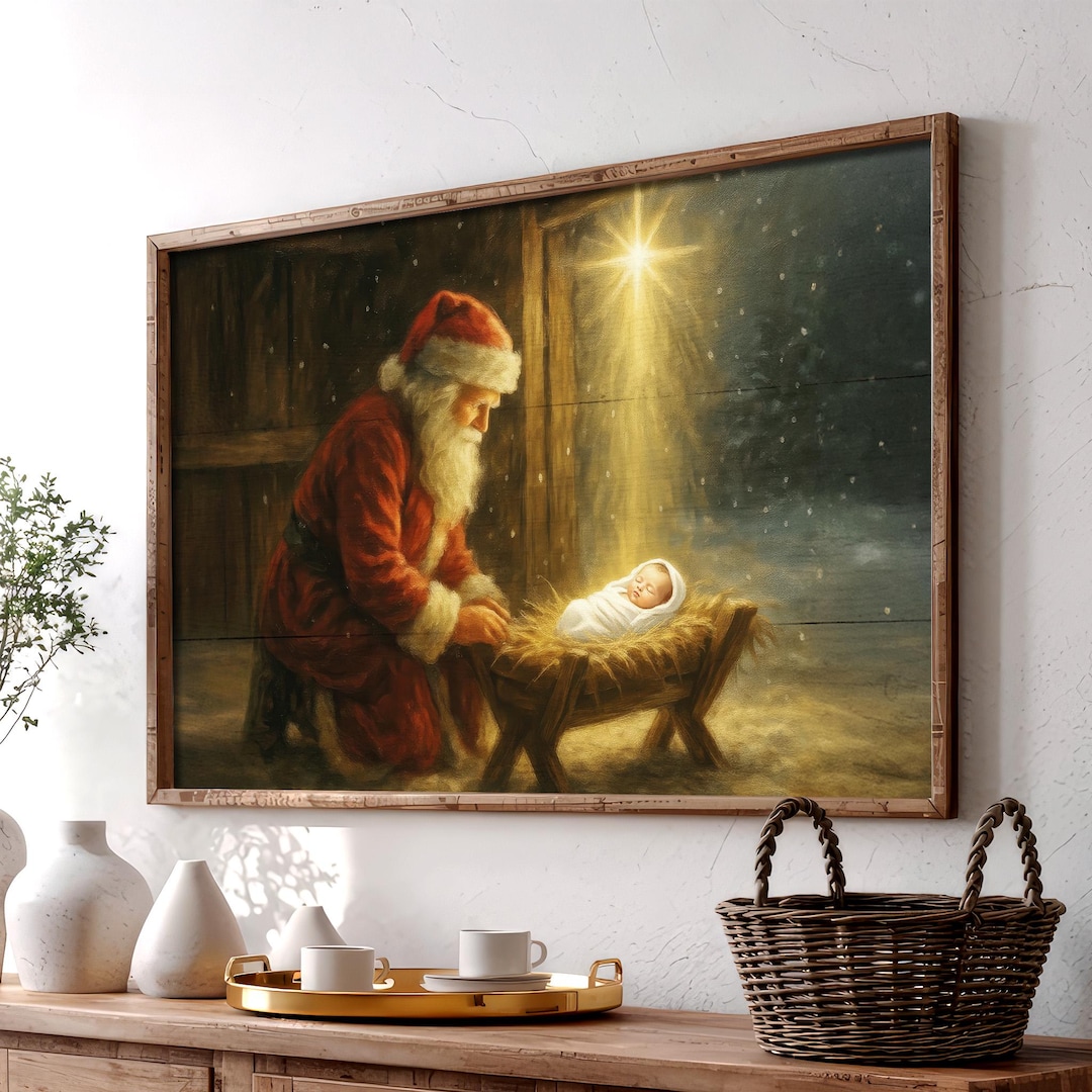 Christian Christmas Poster Print, Santa Kneeling at Nativity Scene With ...