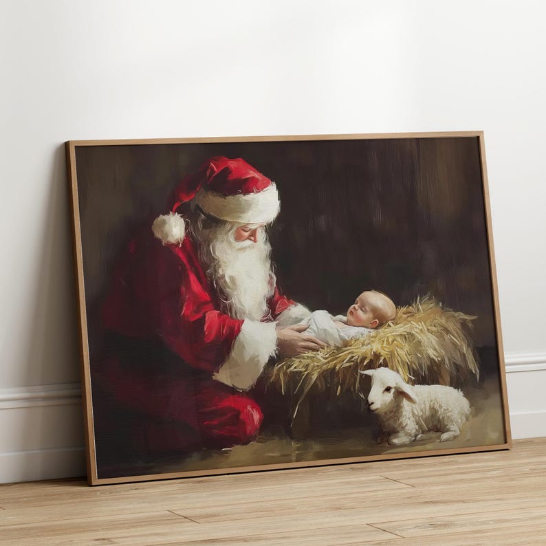 Santa Kneeling Before Baby Jesus Digital Download File, Christian ...