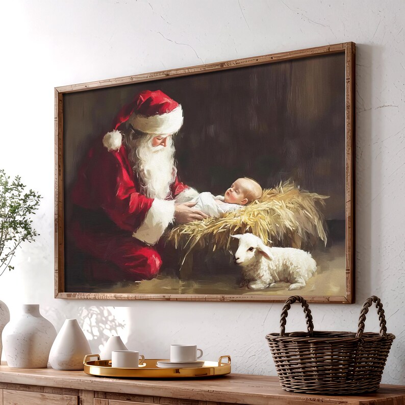 Santa Kneeling Before Baby Jesus Digital Download File, Christian ...