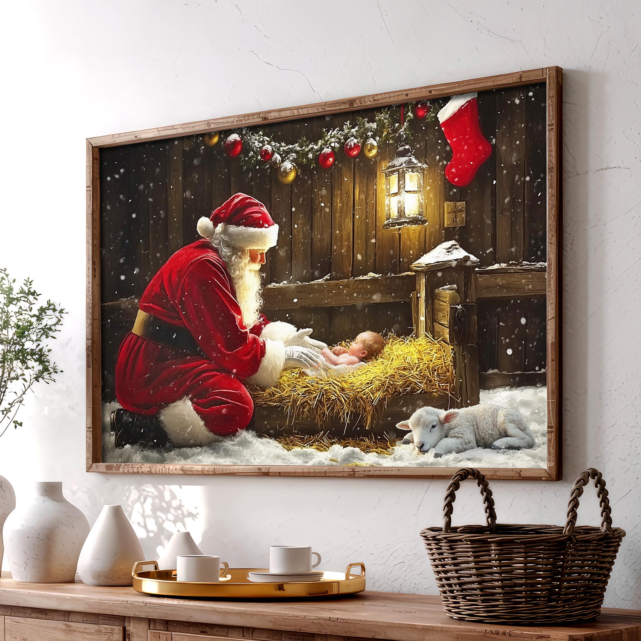 Santa Kneeling Before Baby Jesus Christmas Poster, Christian Nativity ...