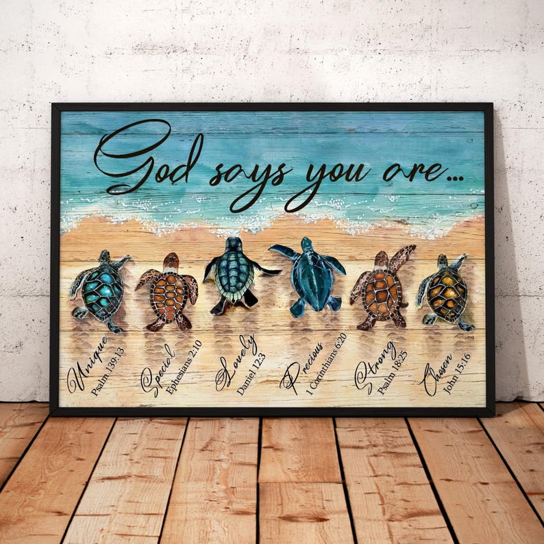 God Says You Are Sea Turtle Christian Poster, Bible Verse Beach ...