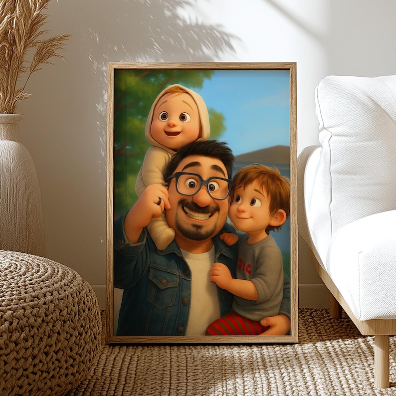 Custom Pixar-style Cartoon Portrait, Father Kids Poster, Animated ...