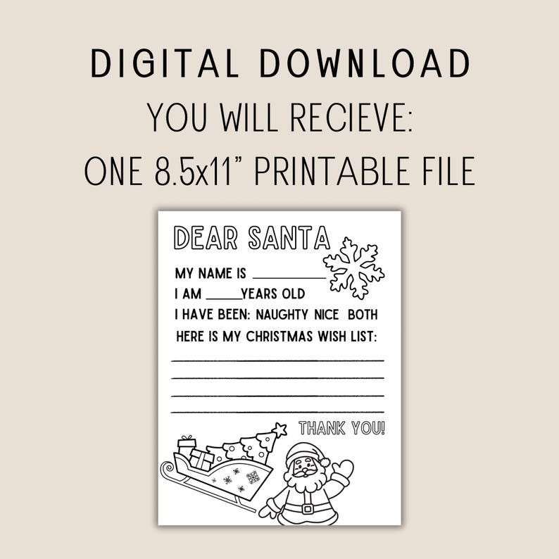 Letter to Santa Coloring Page Printable Christmas Wish List, Dear Santa ...