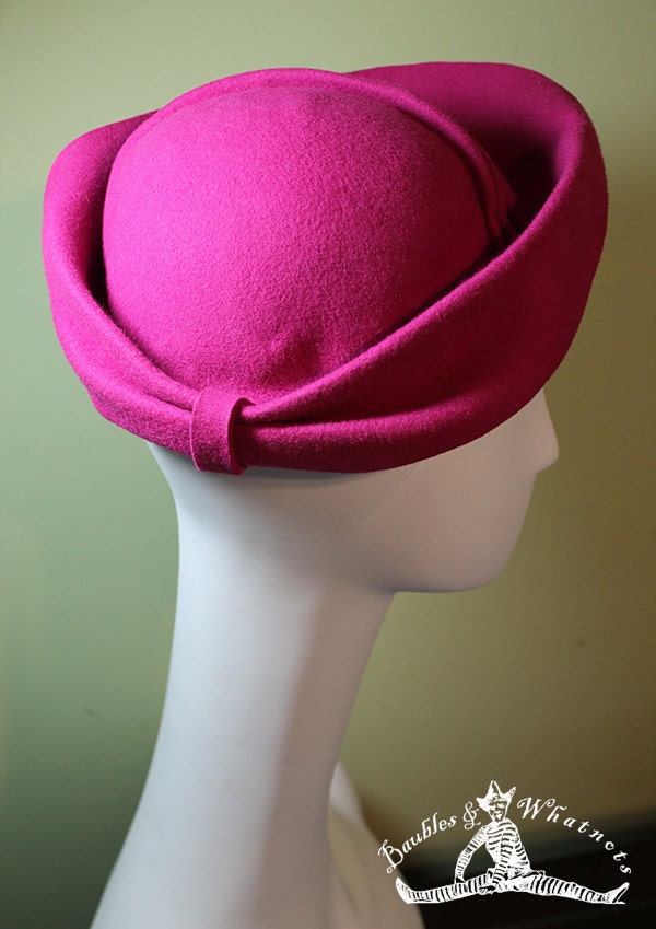 Hot Pink Women's Wool Hat with Sculptural Details - 1940s Style Magenta ...