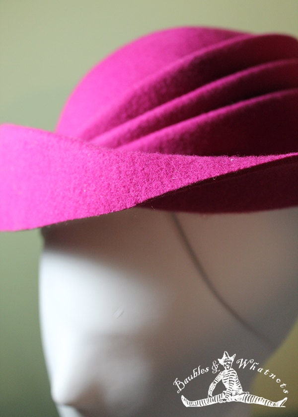 Hot Pink Women's Wool Hat with Sculptural Details - 1940s Style Magenta ...