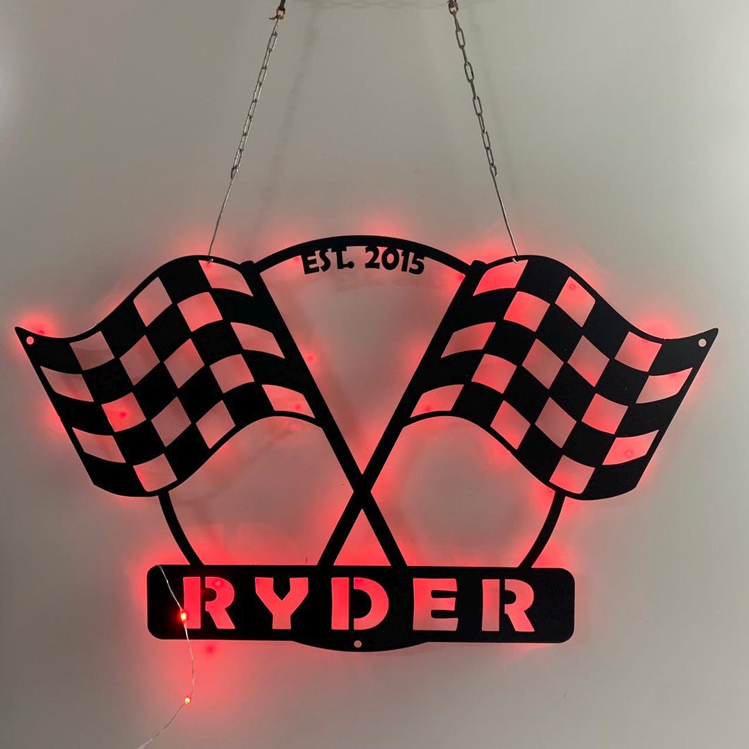 Custom Racing Flag Metal Wall Art With LED Light, Personalized Racing ...